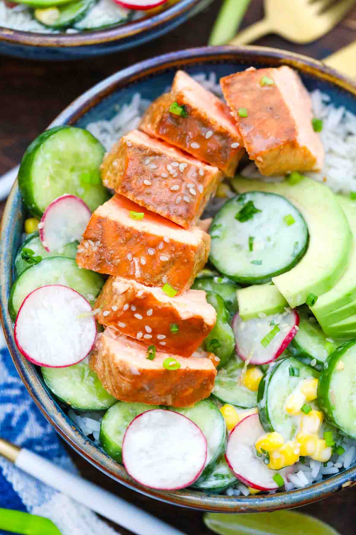 Cucumber Miso Salmon Rice Bowls Recipe - Sweet and Savory Meals