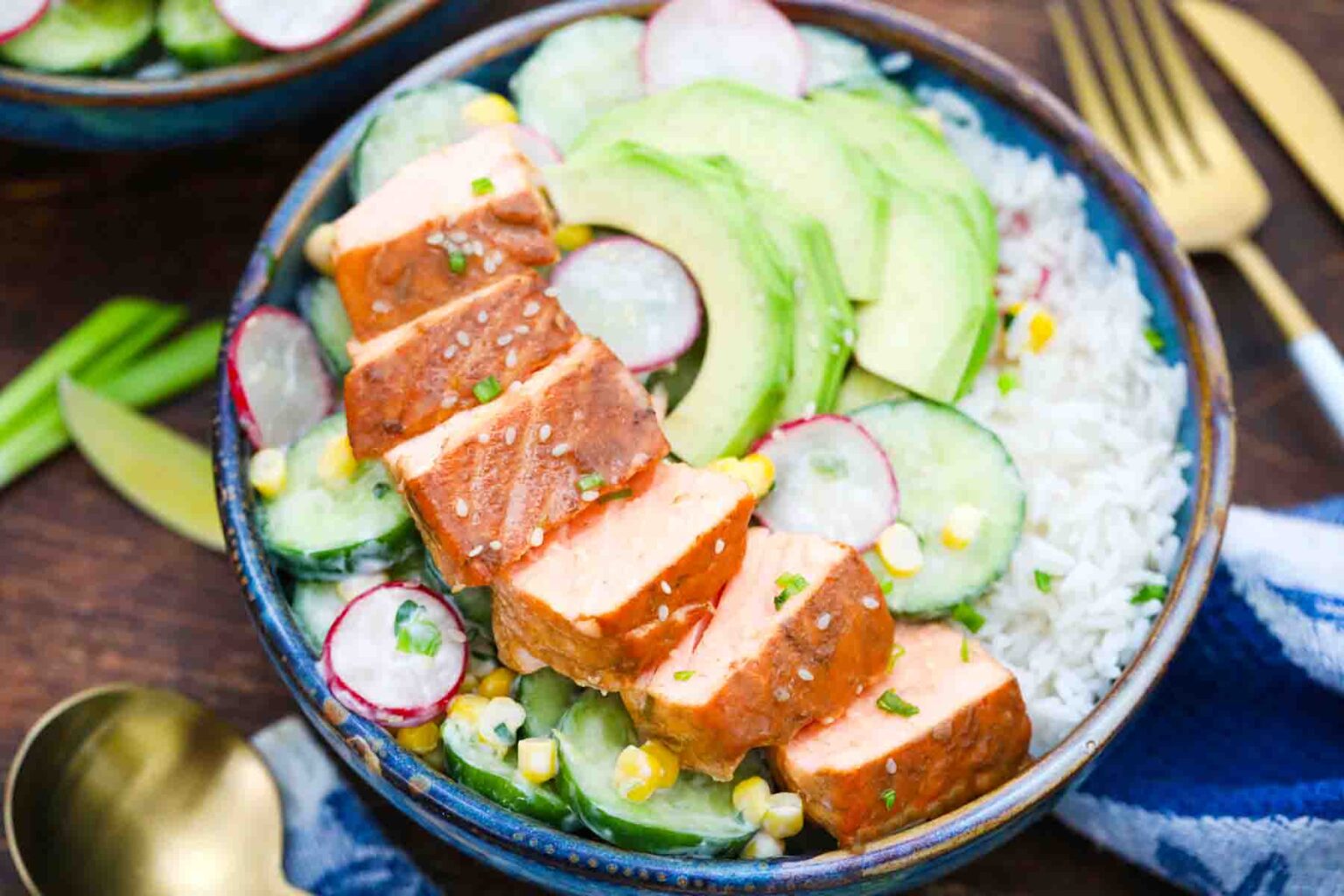 Cucumber Miso Salmon Rice Bowls Recipe - Sweet and Savory Meals